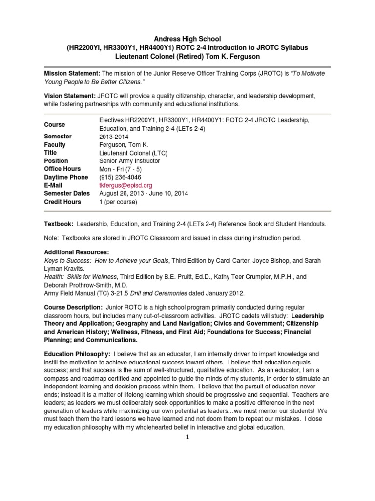 Ahs Jrotc Course Syllabus Let 2-4 | PDF | Reserve Officers' Training ...