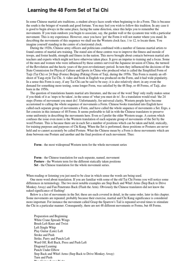 Learning The 48 Form Set of Tai Chi | PDF