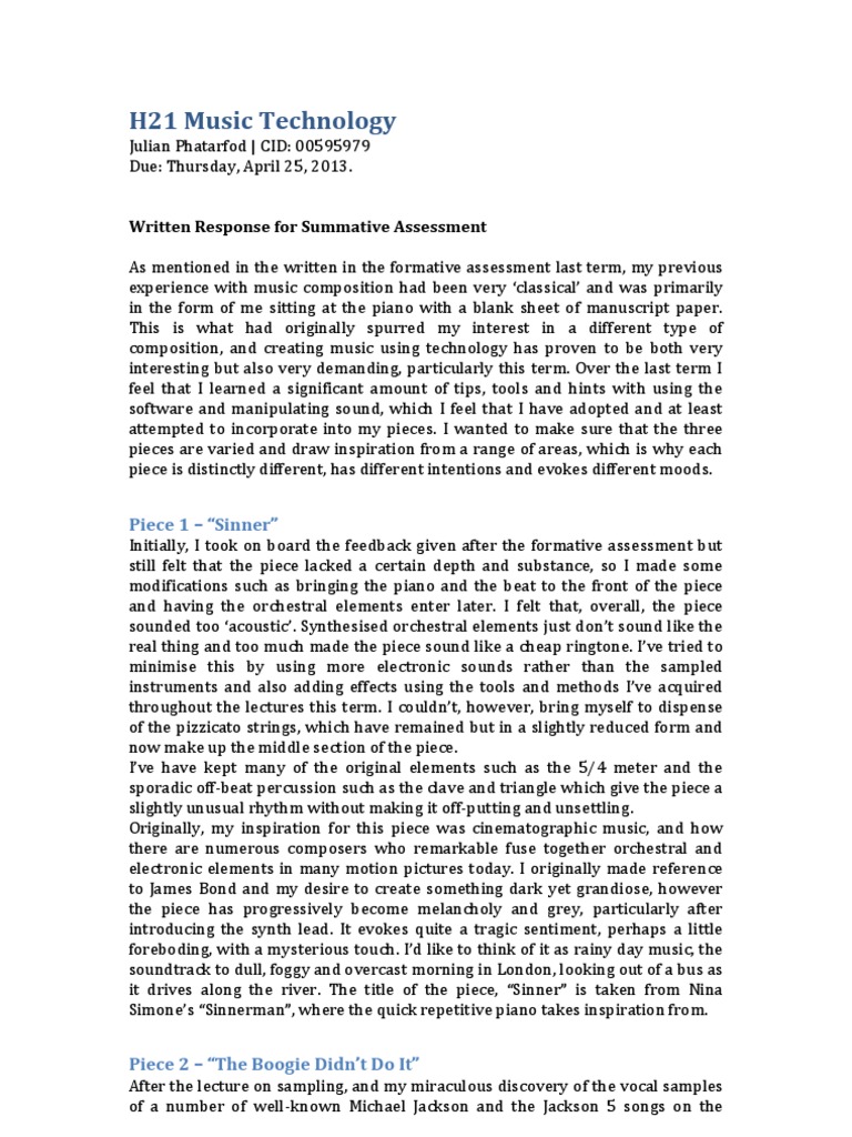 Music Technology Summative Assesment | PDF | Musical Compositions ...