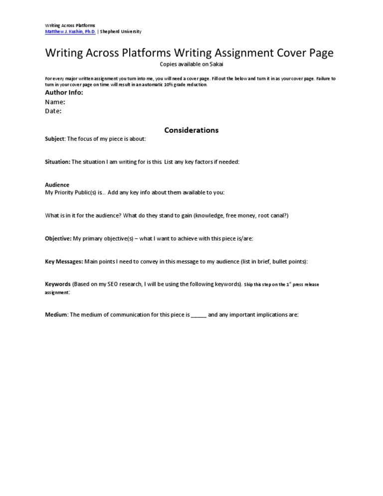 Writing Assignment Cover Page