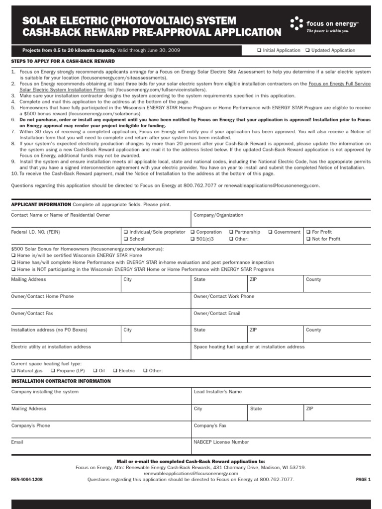 Solar Electric (Photovoltaic) System Cash-Back Reward Pre-Approval ...
