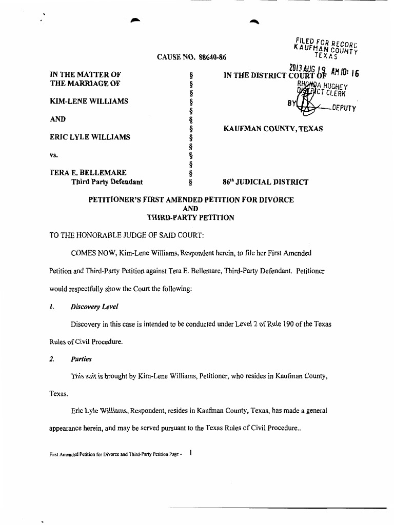 Kim Lene-Williams Amended Divorce Petition | Community Property | Marriage