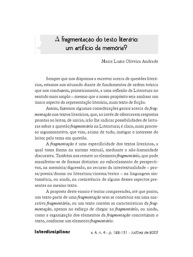 A fragmentação do texto literário um artifício de memória | Narração ...