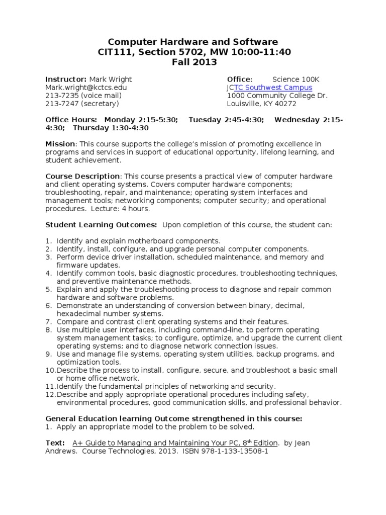 Computer Hardware and Software CIT111 Course Syllabus: Fall 2013 | PDF ...