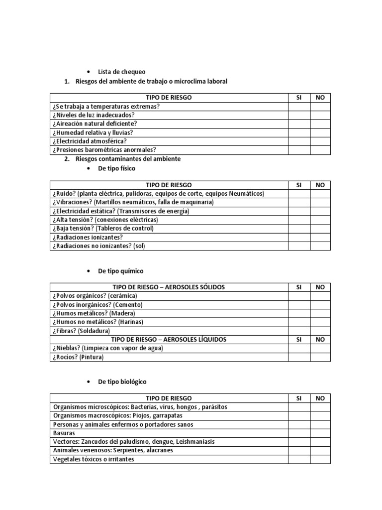 Lista de Chequeo Riesgos | PDF | Seguridad y salud ocupacional | Agua Lista de Chequeo Riesgos | PDF | Seguridad y salud ocupacional | Agua