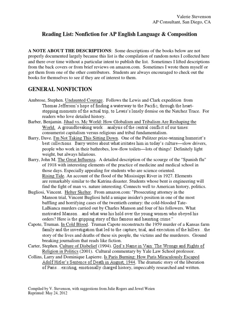 Reading List Nonfiction Ap Lang | PDF | Courage | Books