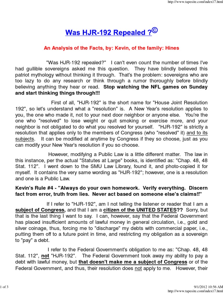 Was HJR-192 Repealed | United States Dollar | Fiat Money