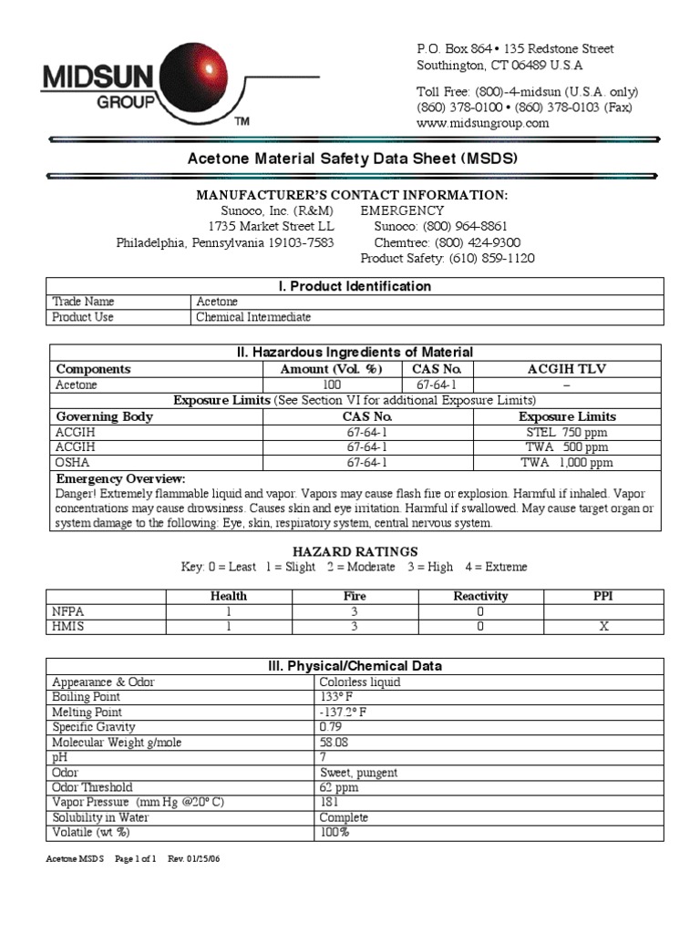 Acetone MSDS.pdf | Dangerous Goods | Personal Protective Equipment