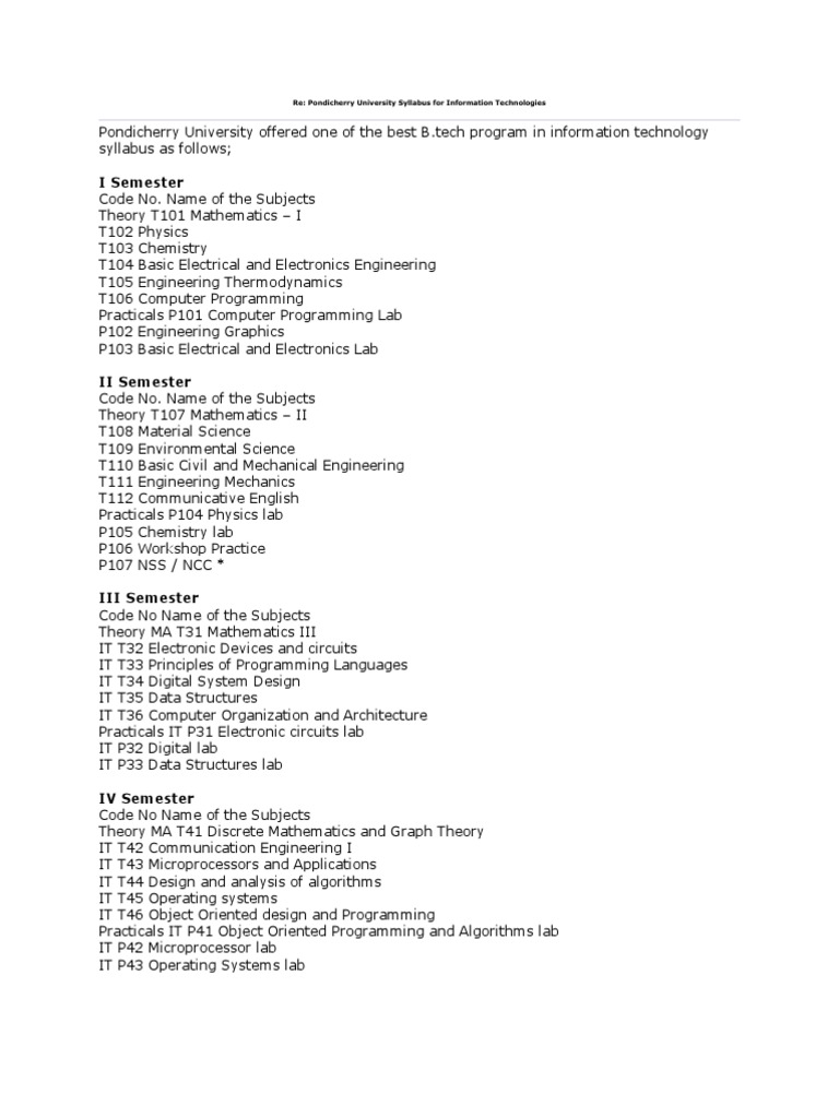 I T Syllabus Pondicherry University | PDF | Engineering | Computing