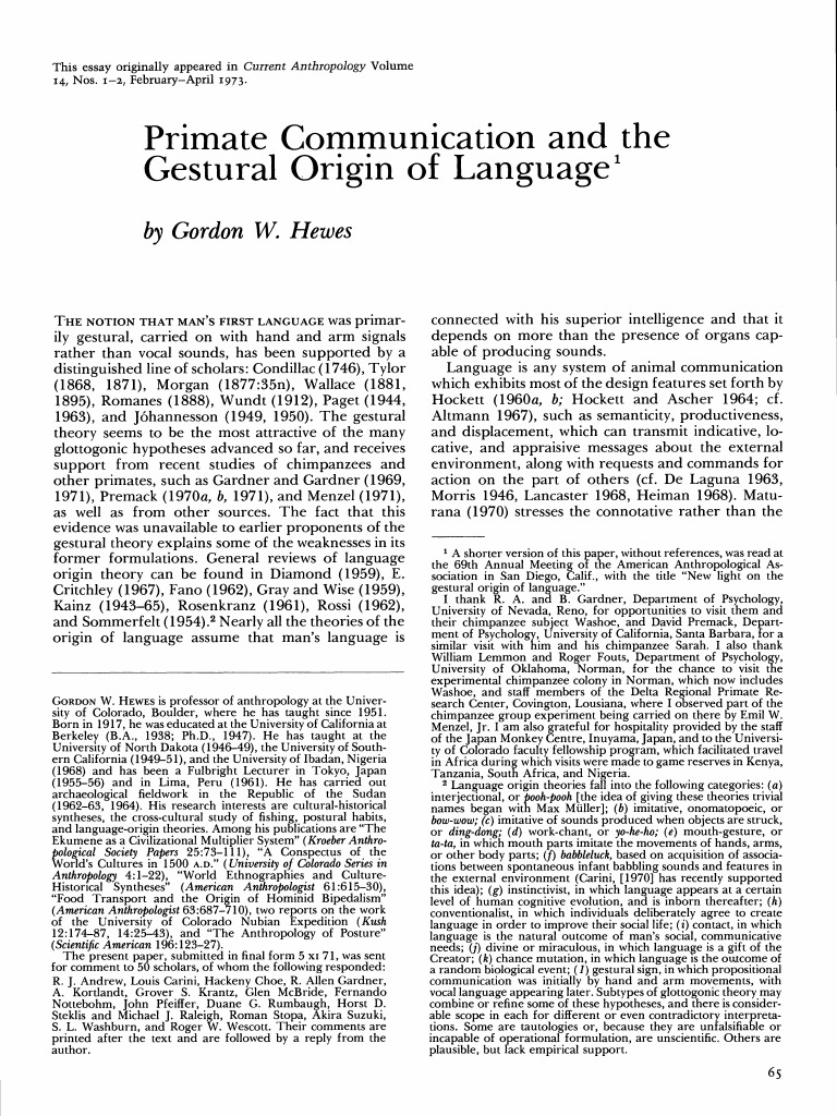 Hewes Primate Communication and The Gestural Origin of Language | PDF ...