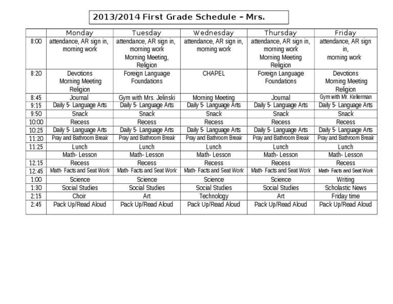 First Grade Weekly Schedule 2013-2014 | PDF | Language Arts ...