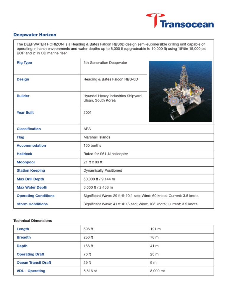 Deepwater Horizon Spec Sheet | PDF | Deepwater Horizon | Energy And ...