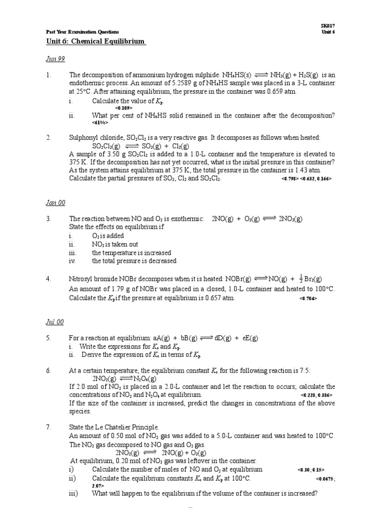 Chemical Equilibrium Exam Questions | PDF | Chemical Equilibrium | Chlorine
