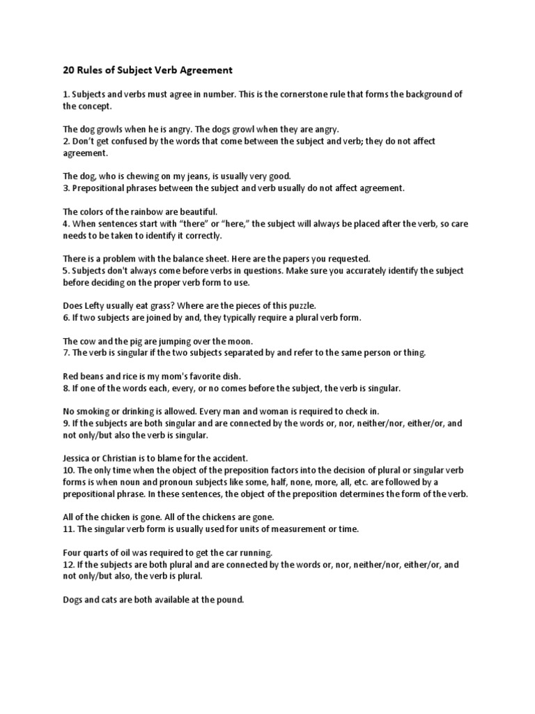 20 Rules of Subject Verb Agreement | Download Free PDF | Grammatical ...