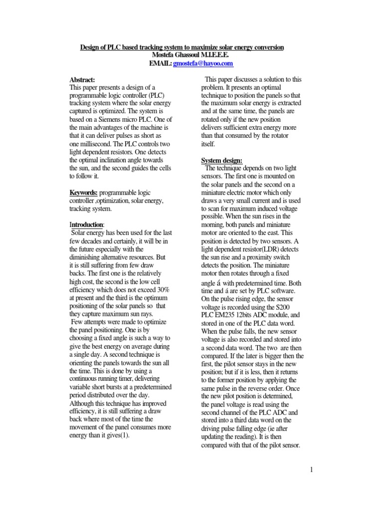 Design of PLC Based Tracking System To Maximize Solar Energy Conversion ...