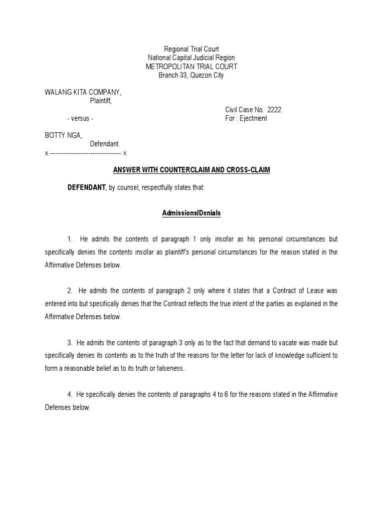 Answer With Counterclaim and Crossclaim | PDF | Lawsuit | Judiciaries