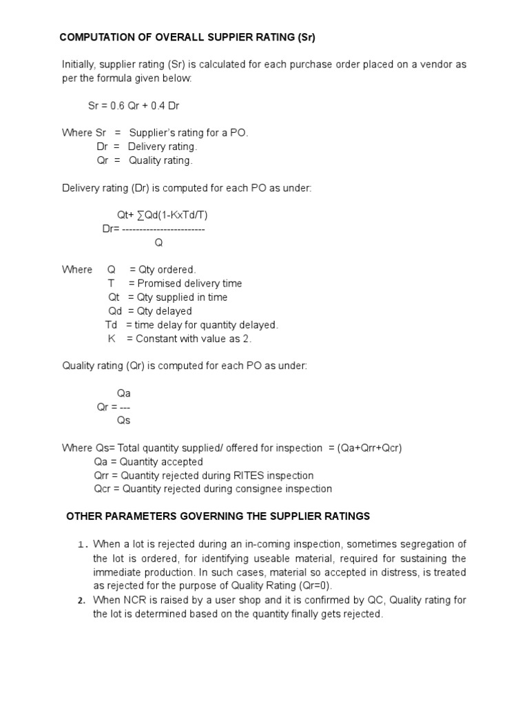 Supplier Rating Calculation Guide | PDF | Business