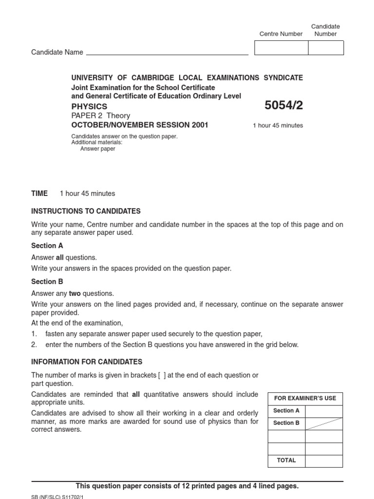 Paper 2 Nov 2001 Physics | PDF | Thermometer | Lens (Optics)