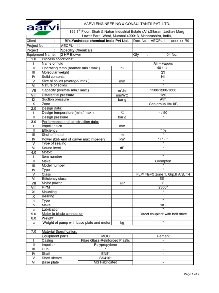 AECPL-111-Xxxx-xx-R0-Data Sheet of 1200m3hr at 1800 MM WC Blower | PDF ...