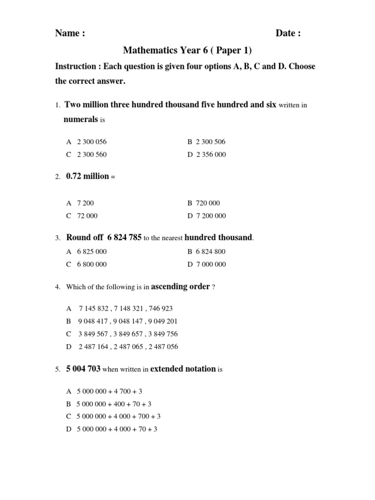 Name: Date: Mathematics Year 6 (Paper 1) | PDF | Currency | Teaching ...