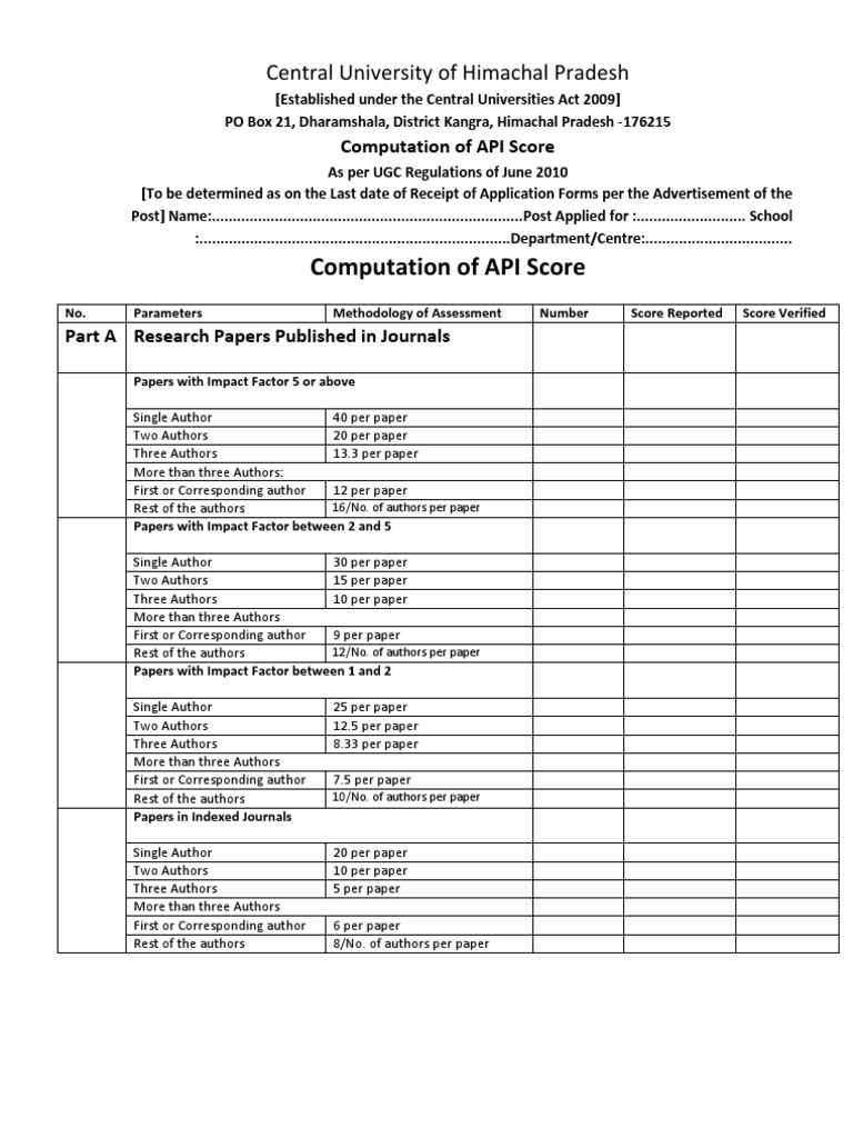 Computation of API Score For Teaching, Librarian & Deputy Librarian ...