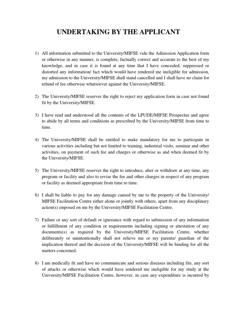 Undertaking by The Applicant | PDF | Fee | University And College Admission