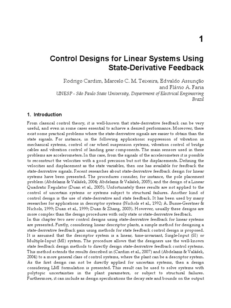 InTech-Control Designs For Linear Systems Using State Derivative Feedback | PDF | Control Theory ...