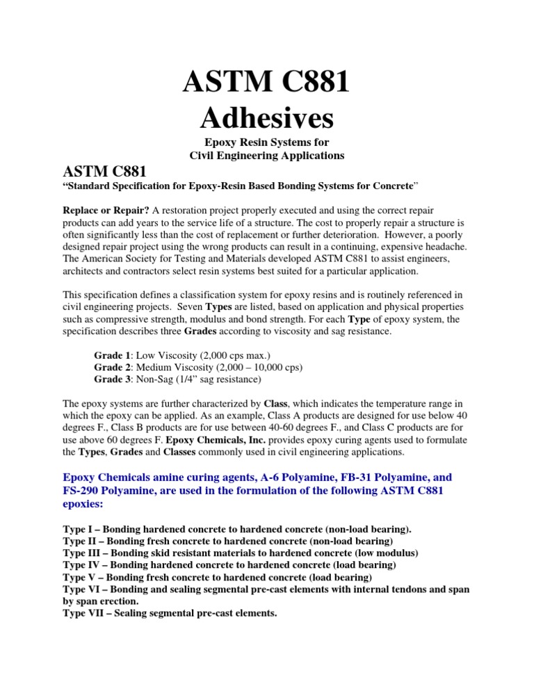 ASTM C881 Summary | PDF | Epoxy | Concrete