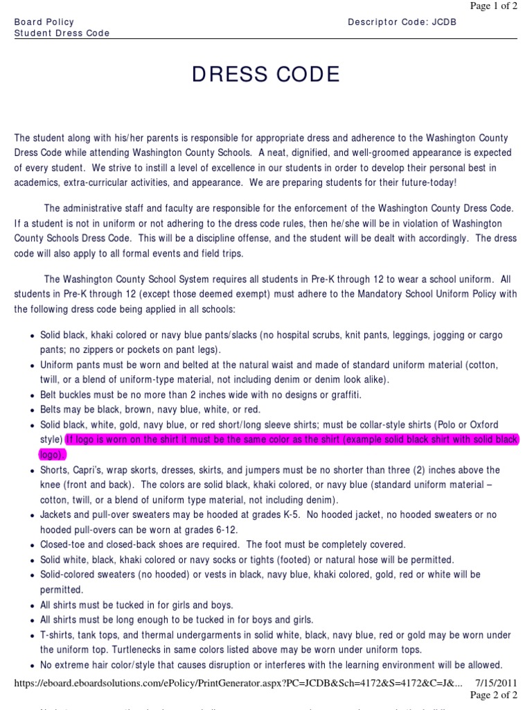 Dress Code: Board Policy Descriptor Code: JCDB Student Dress Code | PDF ...