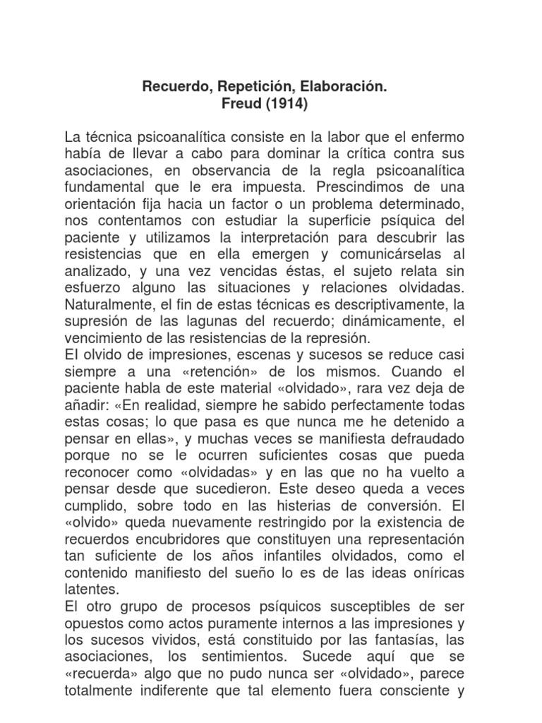 Recuerdo, Repetición, Elaboración | PDF | Psicoanálisis | Ciencia cognitiva