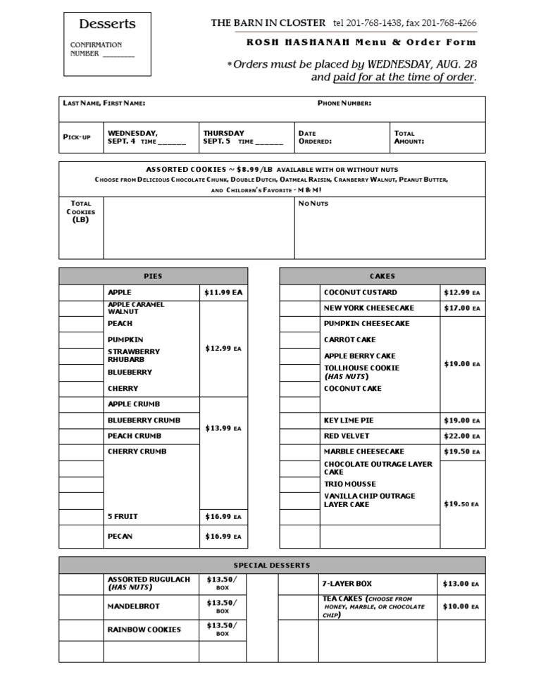 Rosh Hashanah Dessert Order Form | PDF