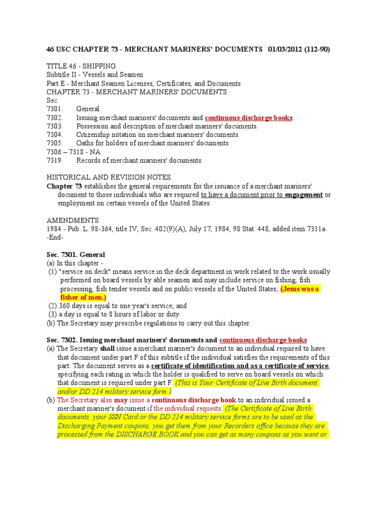 46 USC CHAPTER 73 Continuous Discharge Books | PDF | United States ...