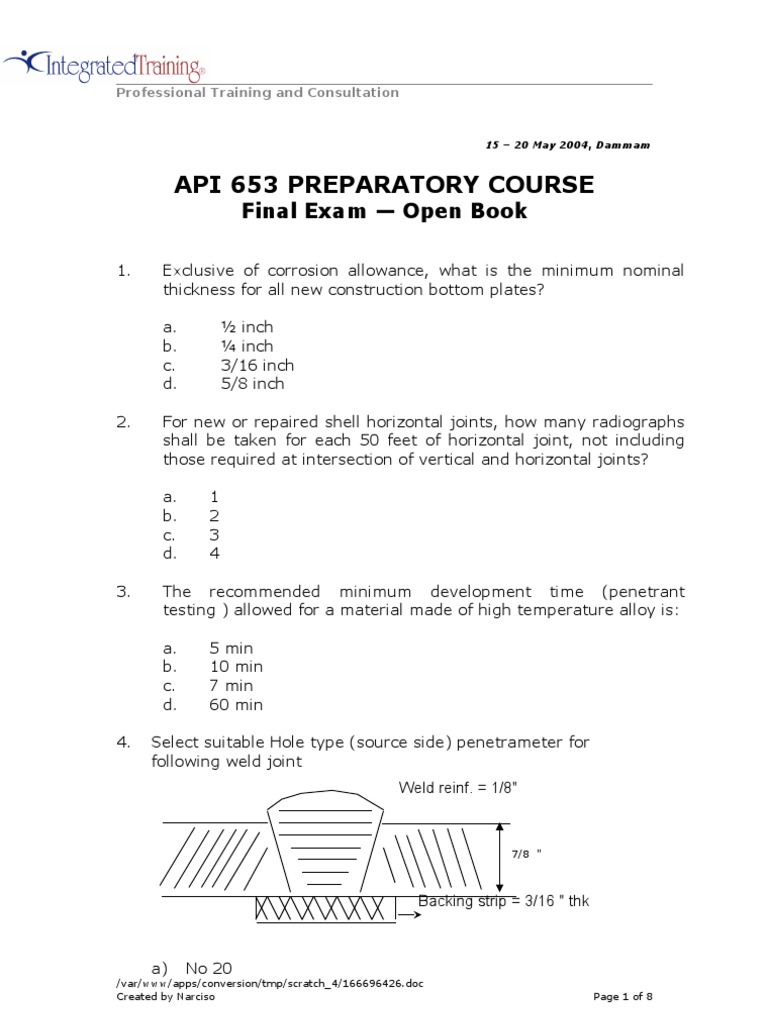 Api 653 Preparatory Course: Final Exam - Open Book | PDF | Welding ...