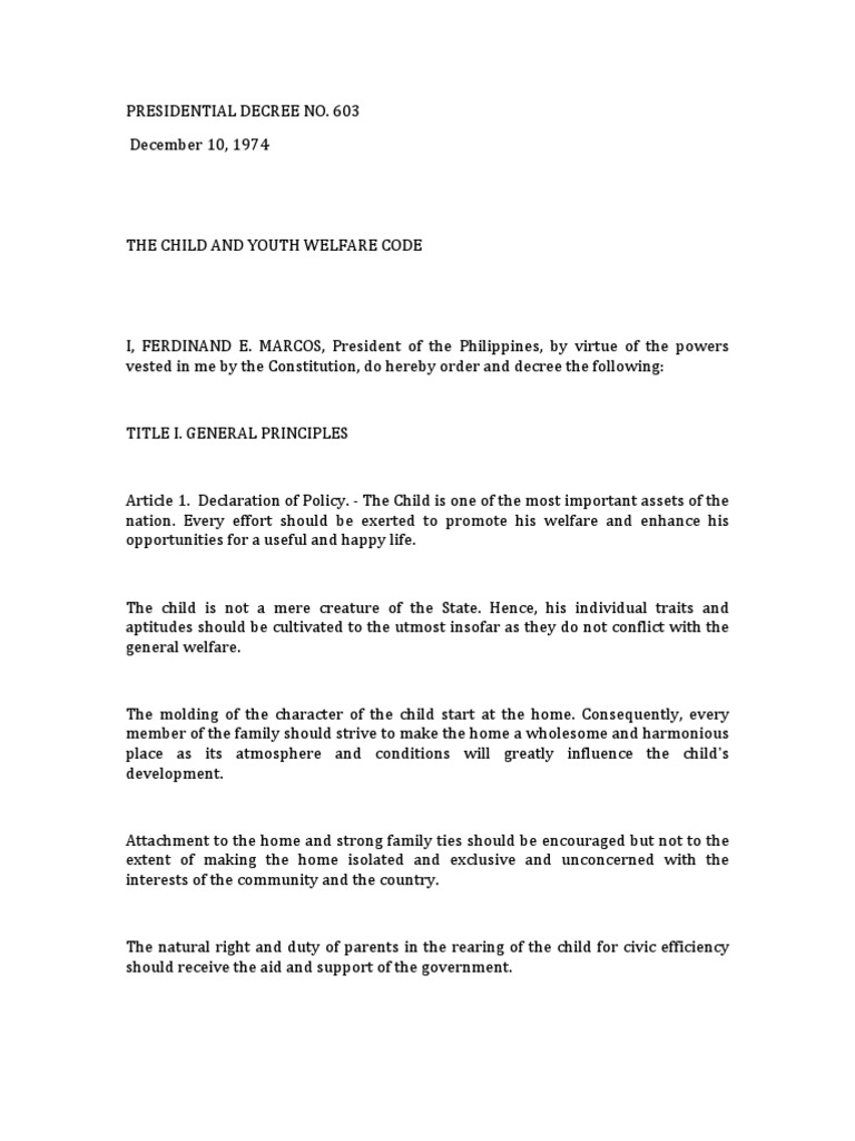 Child and Youth Welfare Code of 1974 (PD 603) | PDF | Legal Guardian ...