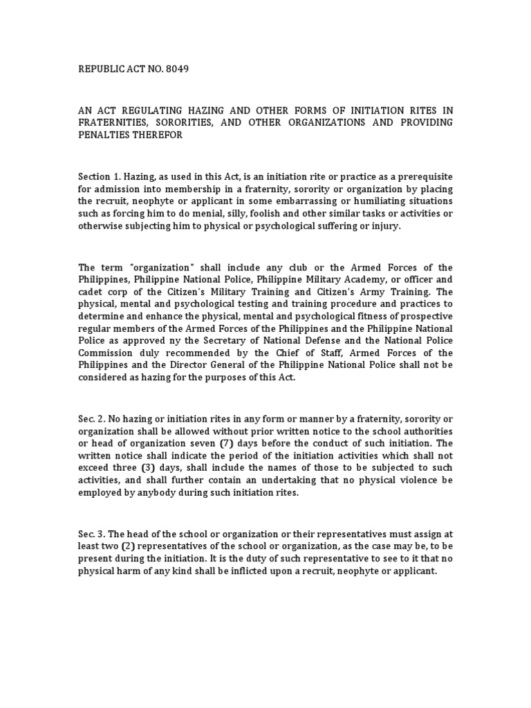 Anti-Hazing Law (RA 8049) | Download Free PDF | Fraternities And ...