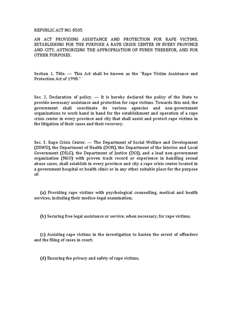 Rape Victim Assistance and Protection Act of 1998 (RA 8505) | PDF ...