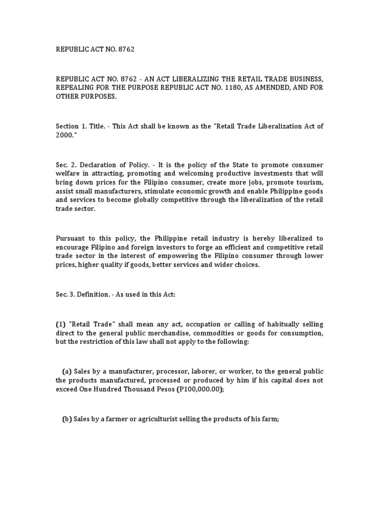 Retail Trade Liberalization Act of 2000 (RA 8762) | PDF | Franchising ...