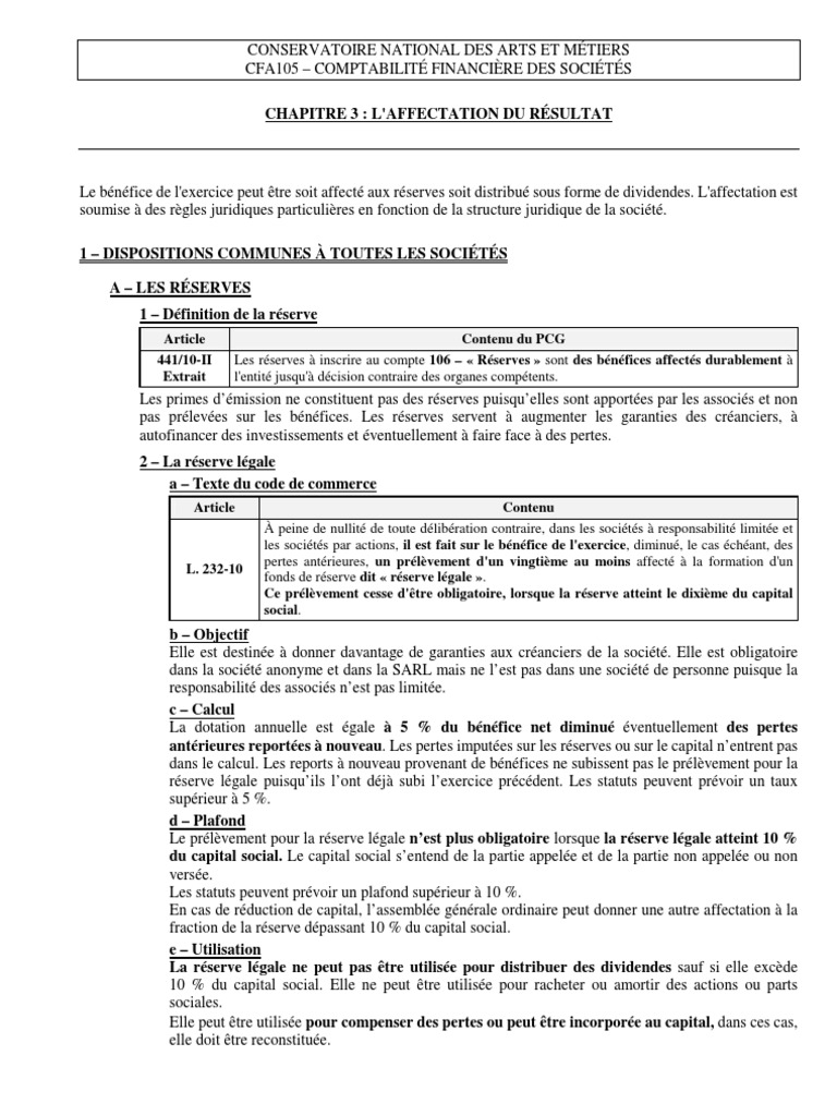 Chapitre 3 - L'Affectation Du Resultat - Cours | PDF | Actionnaire | Dividende