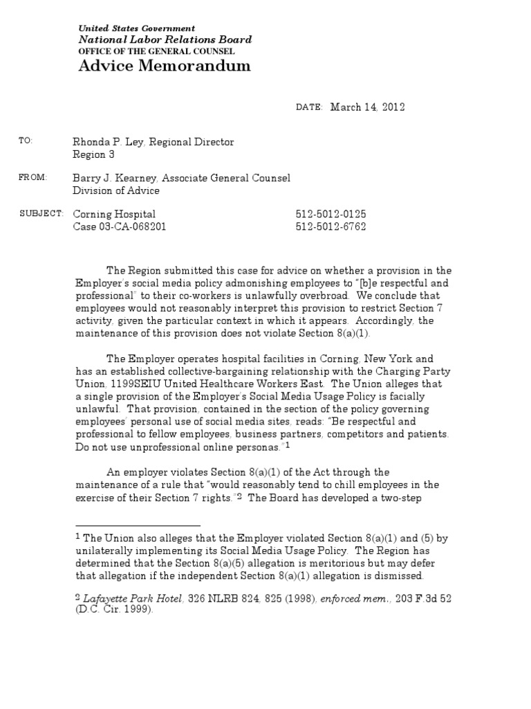 NLRB Advice Memo Approving Rule of Conduct PDF | PDF | National Labor ...