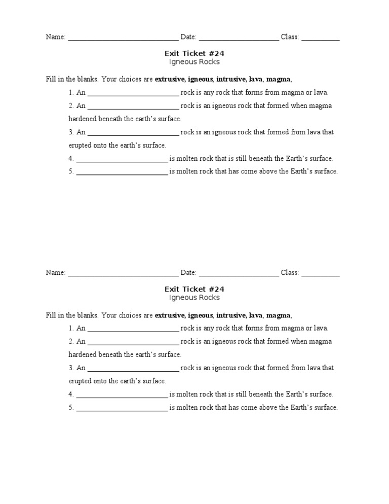 Igneous Rocks Exit Ticket Worksheet | PDF | Science & Mathematics