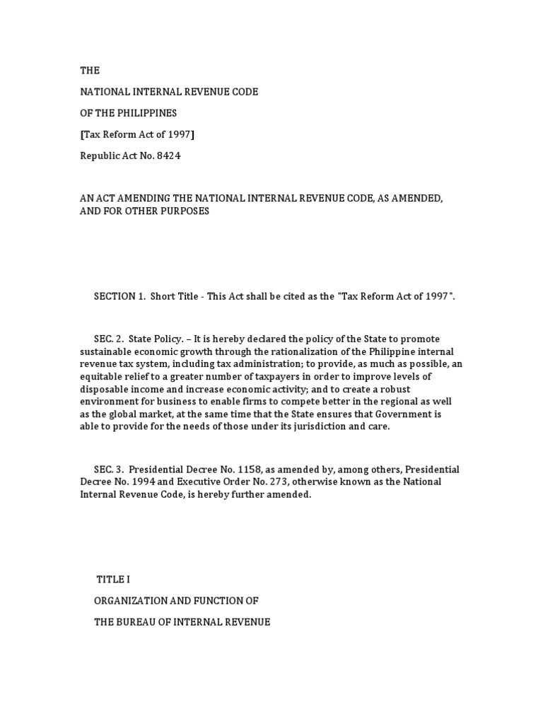 National Internal Revenue Code of 1997 (RA 8424) | PDF | Dividend ...
