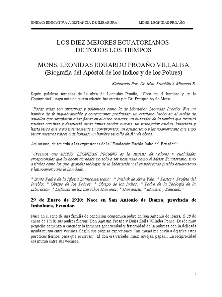 Biografía de Mons. Leonidas Proaño | PDF | Iglesia Católica | Papa
