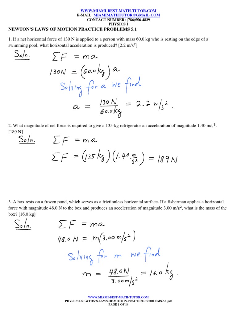 Physics I Newton Laws of Motion Practice Problems 5 1 Soln | PDF ...