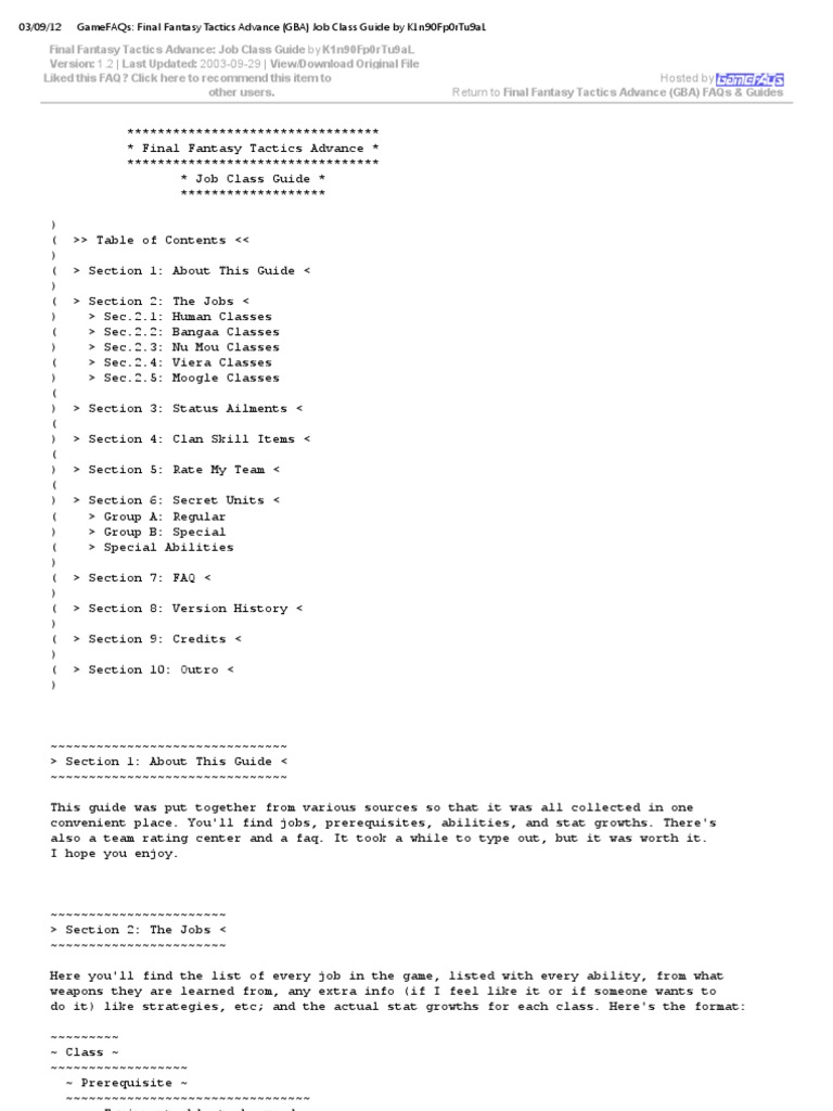FFTA Job Class Guide Overview | PDF | Japanese Role Playing Video Games ...