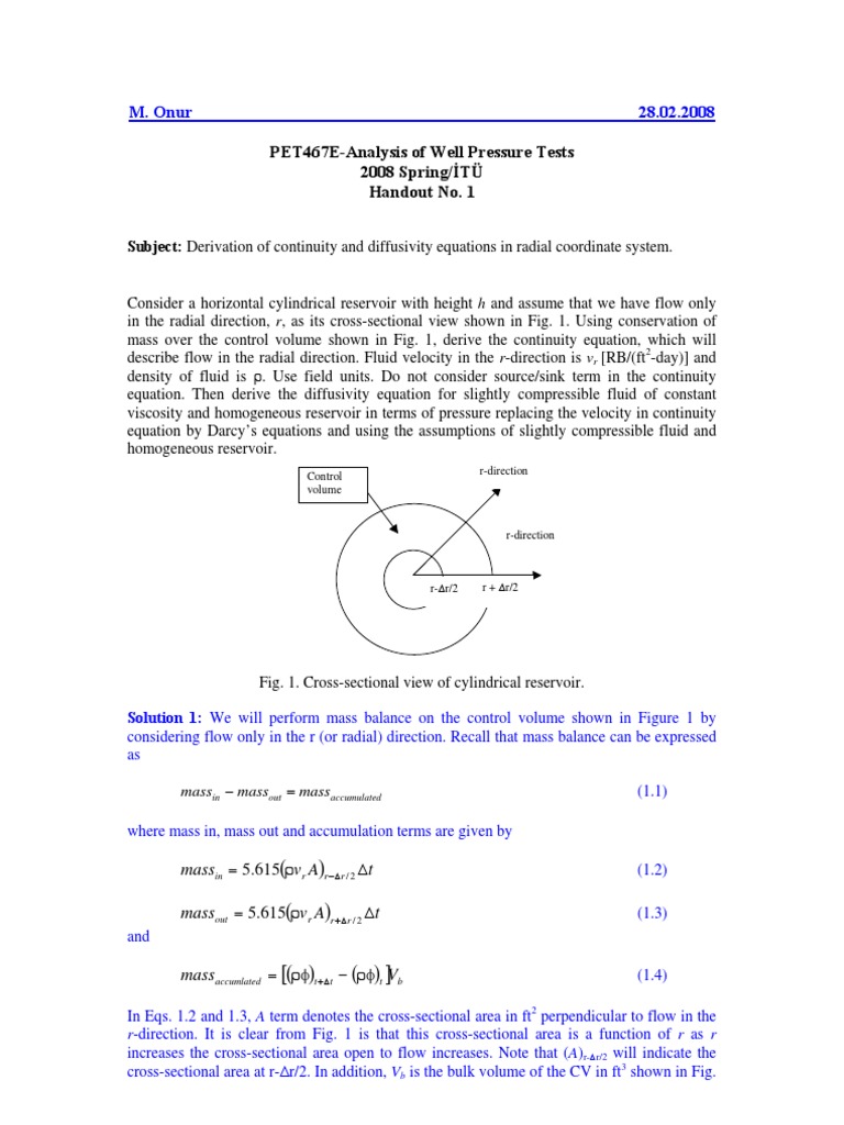 PET467E Derivation Radial Diffusivity Equation Handout 1 | PDF | Fluid ...