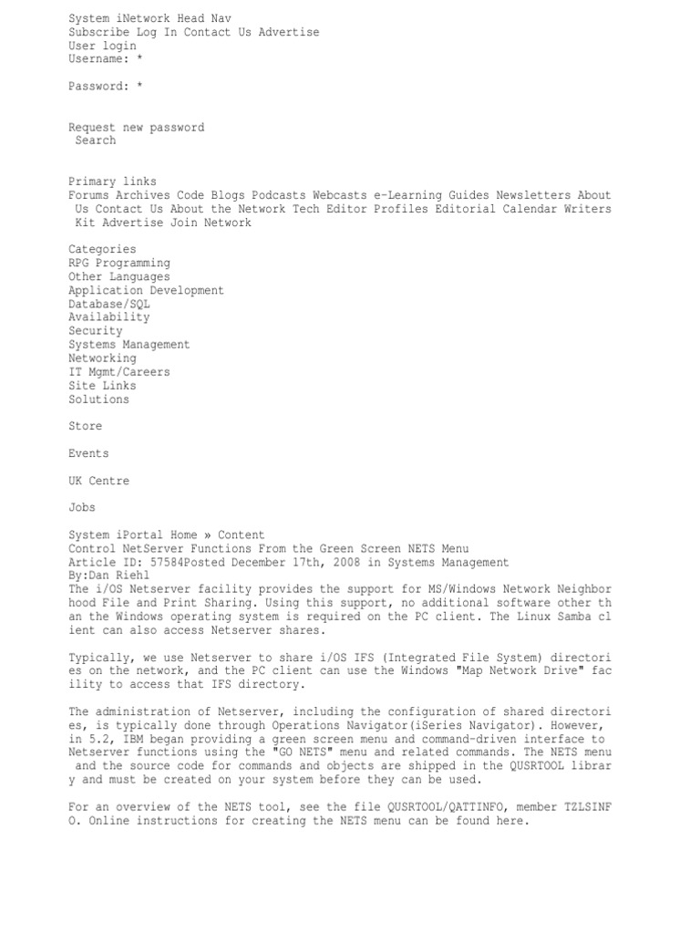 Control NetServer Functions From The Green Screen NETS Menu | PDF | Ibm ...