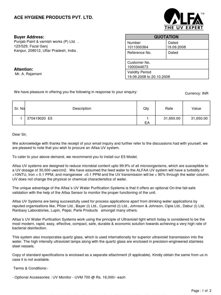 Proposal for an Alfaa UV Water Purification System including ...