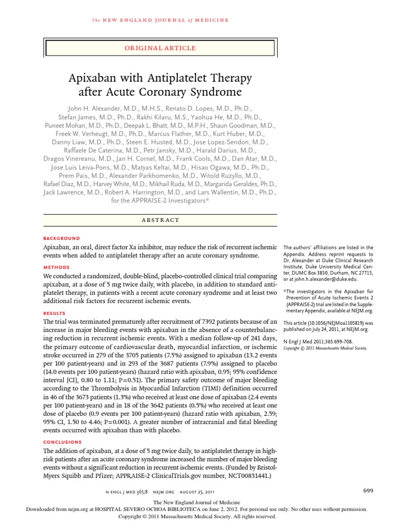 NEJM2011 365 - Apixaban en SCA | PDF | Myocardial Infarction | Coronary ...