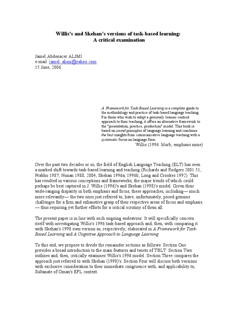 Willis's and Skehan's Versions of Task-Based Learning A Critical ...