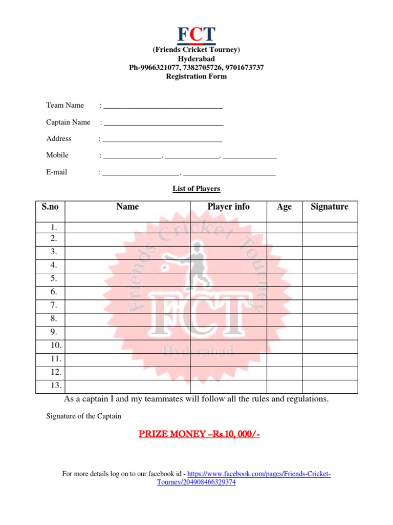 FCT Cricket Tournament Registration Form | PDF